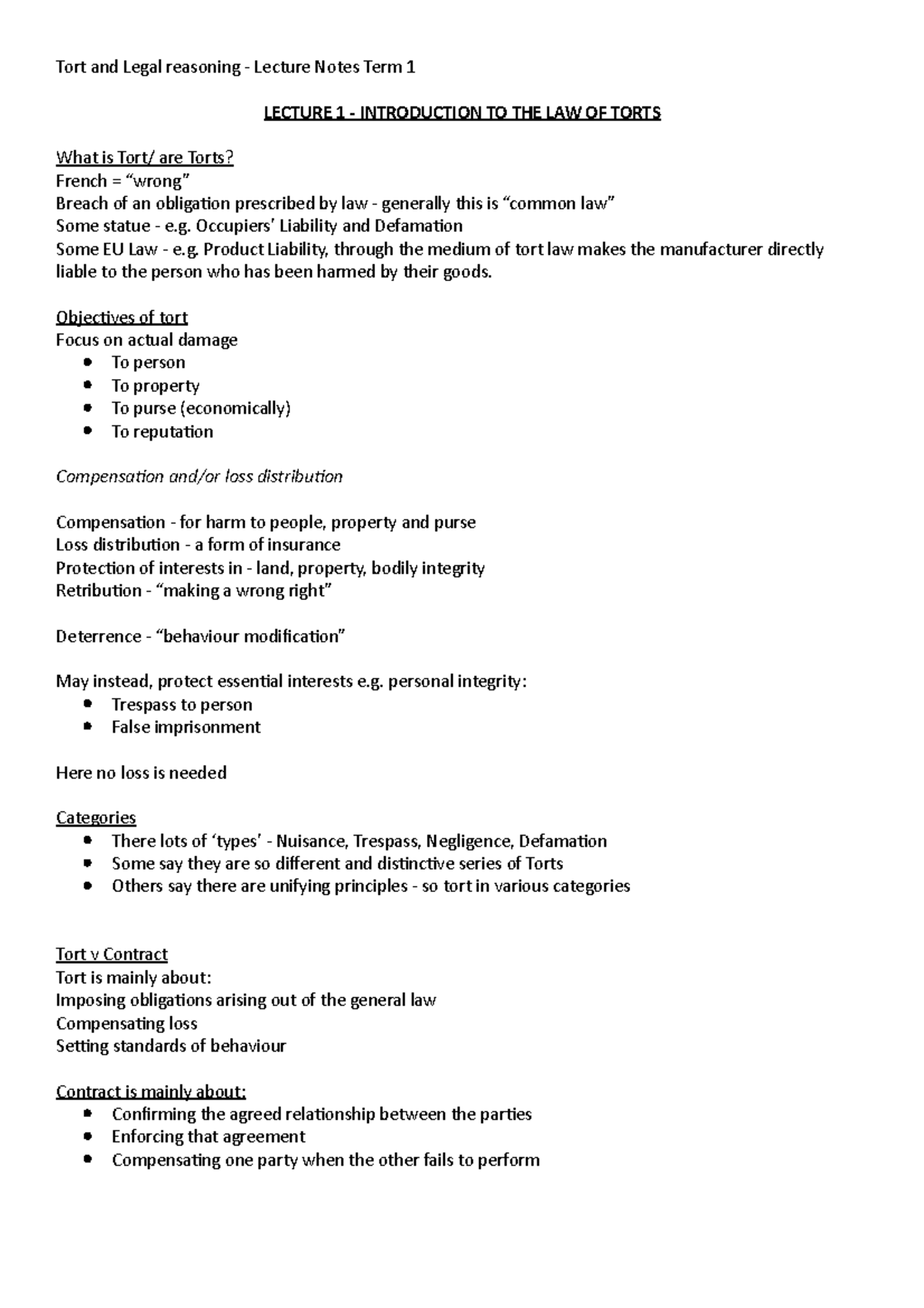 TL Lecture Notes Term 1 - LECTURE 1 - INTRODUCTION TO THE LAW OF TORTS ...