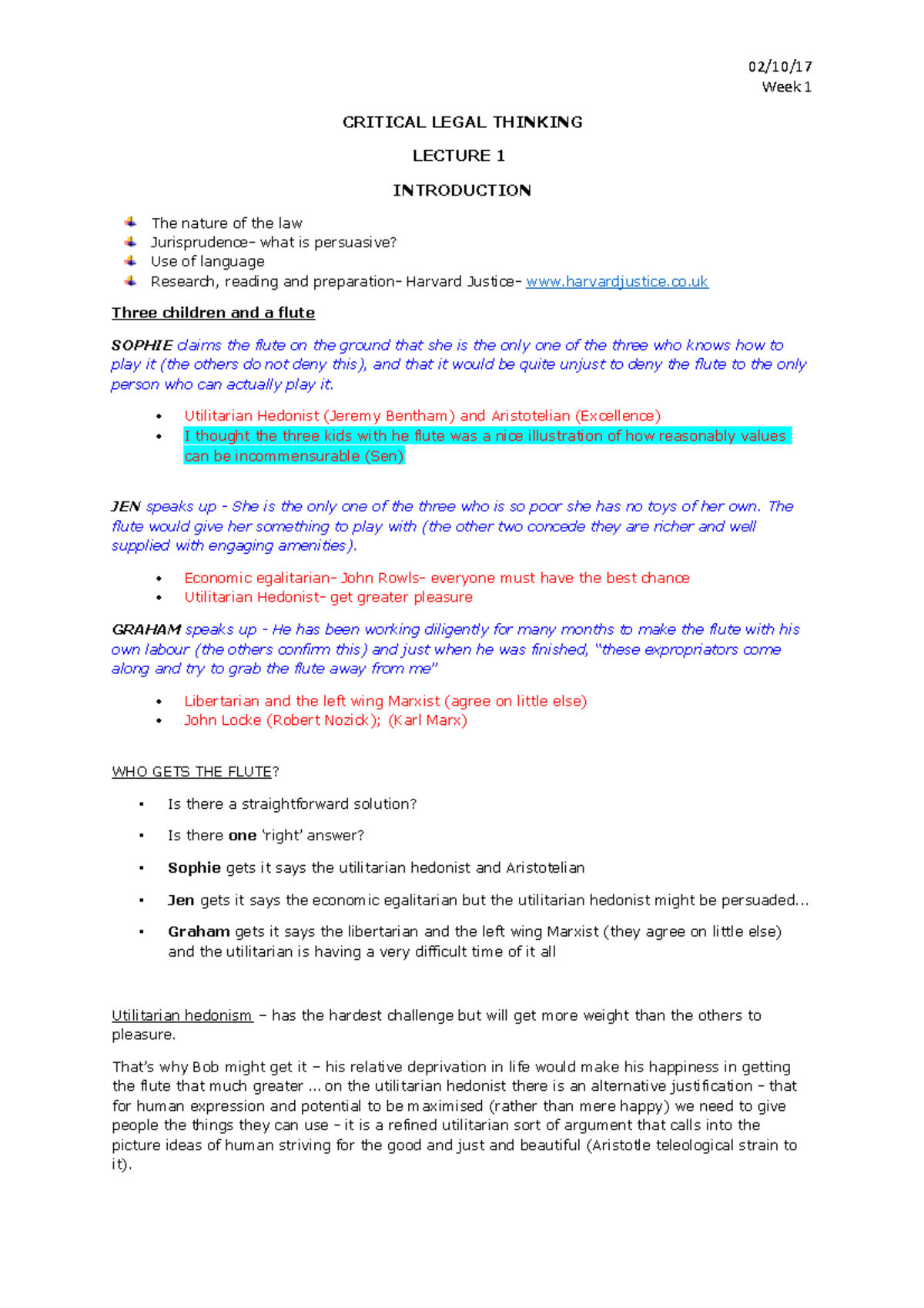 Introduction to Critical Legal Thinking - 02/10/ Week 1 CRITICAL LEGAL ...
