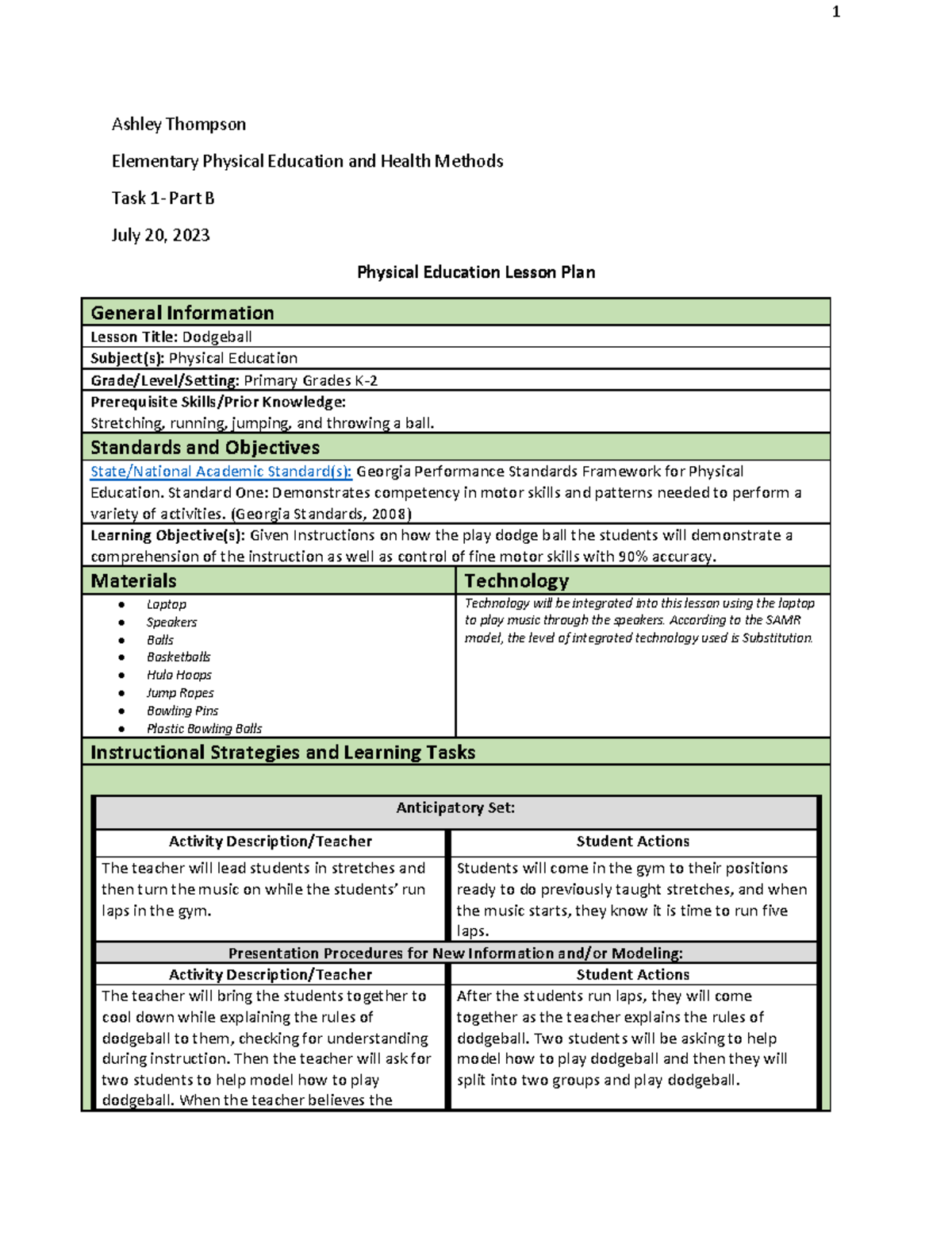 Elementary P.E and Health Methods Task 1 Part B Revisions Highlighted ...