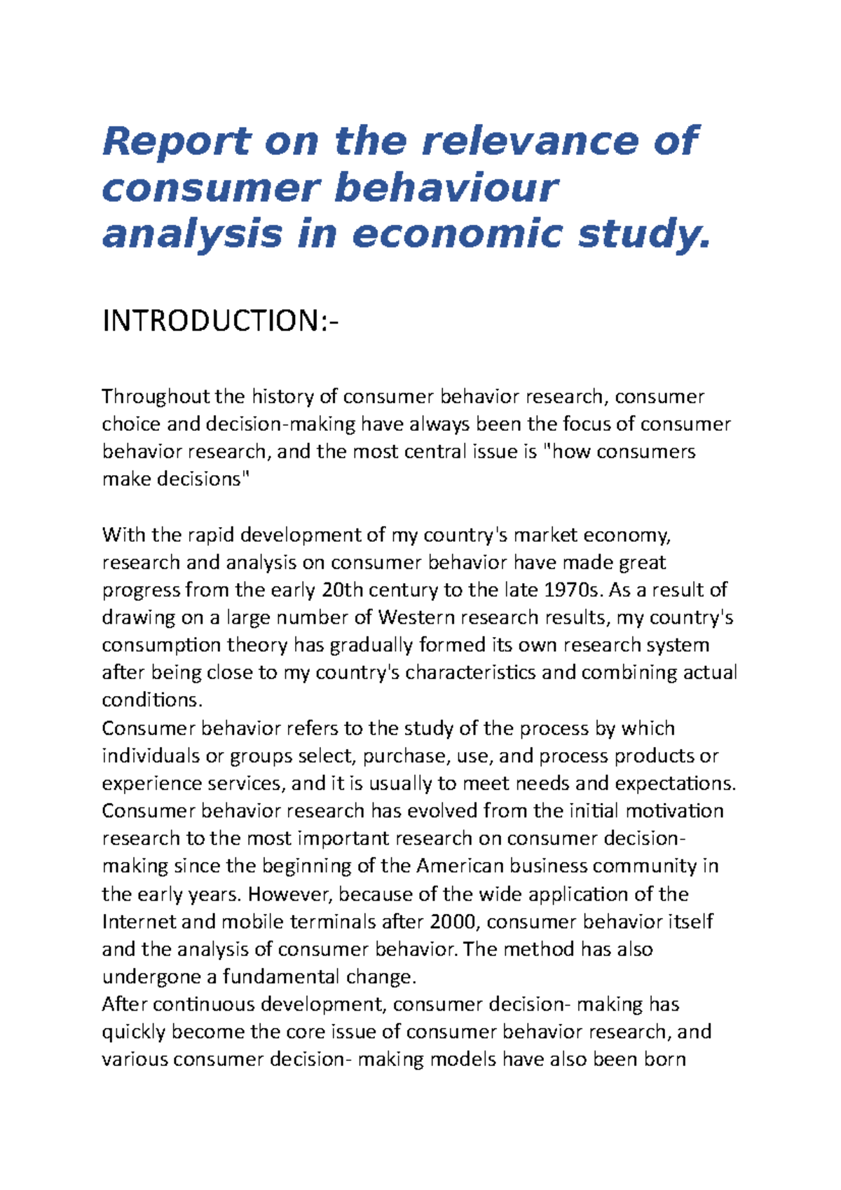 Report on the relevance of consumer behaviour analysis in economic ...