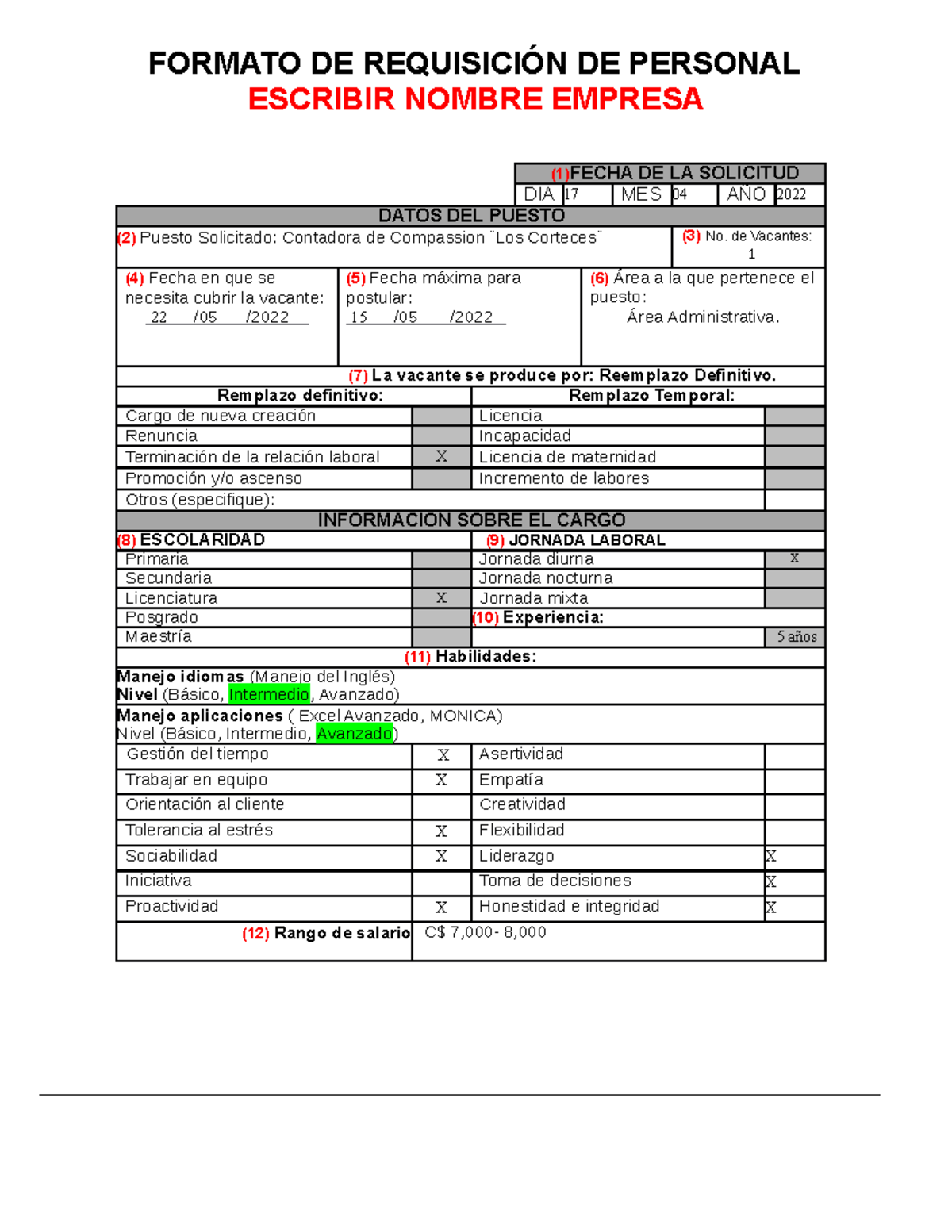 Formato de requisición Personal - (1)FECHA DE LA SOLICITUD DIA 17 MES ...