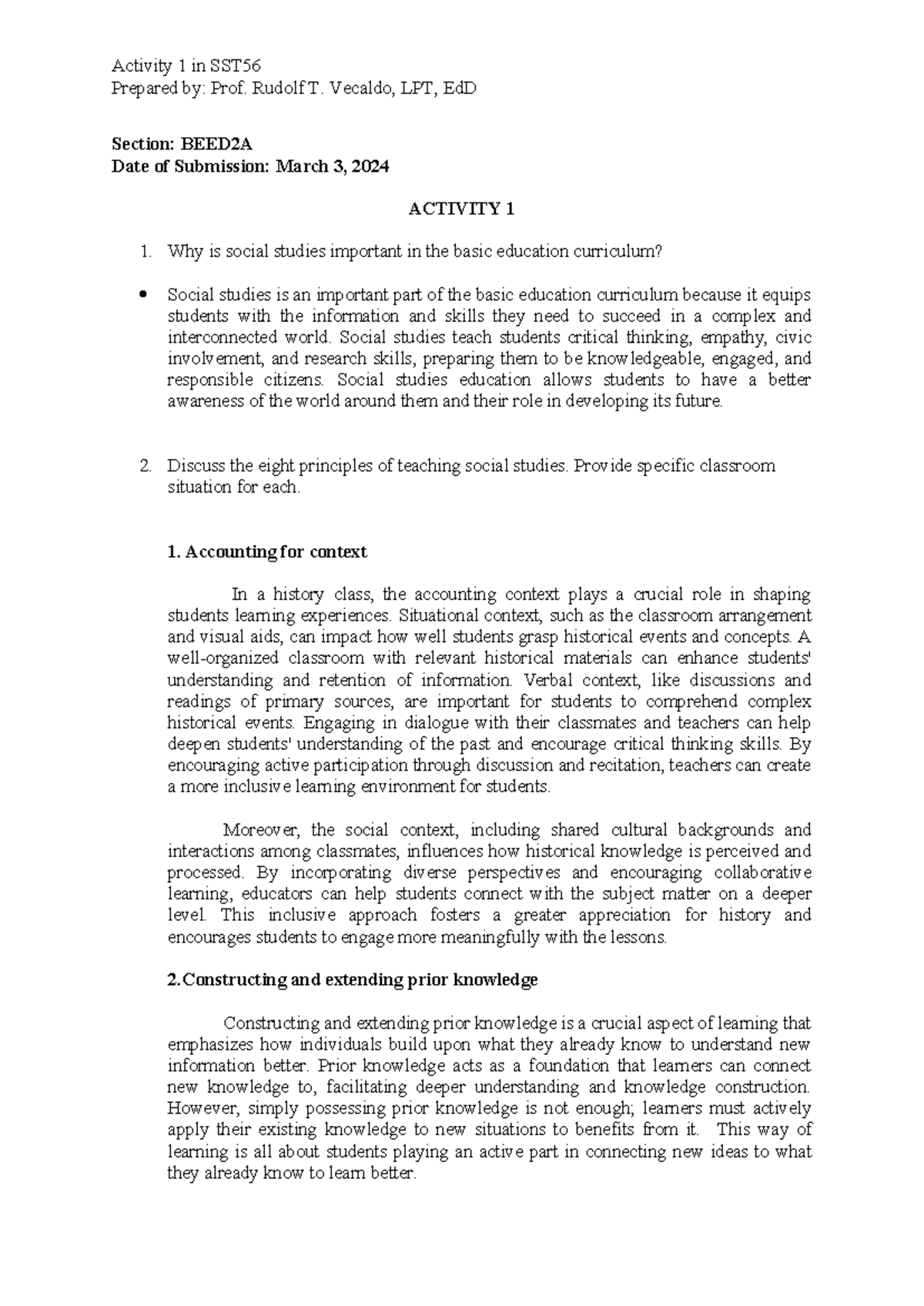 Activity 1 SST Group 3 - Prepared by: Prof. Rudolf T. Vecaldo, LPT, EdD ...