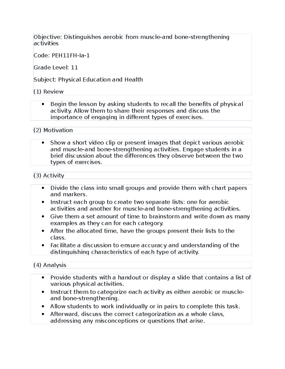 LP PEH11 Lesson 1 - pe and health - Objective: Distinguishes aerobic ...