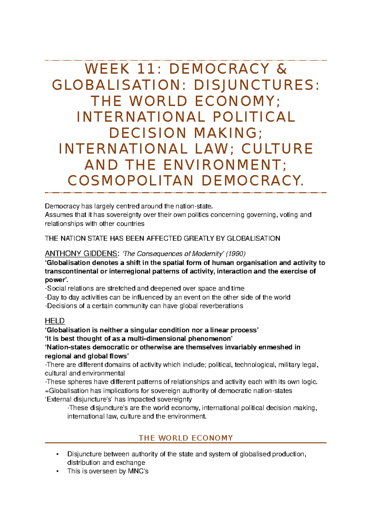 WEEK 11 - WEEK 11: DEMOCRACY & GLOBALISATION: DISJUNCTURES: THE WORLD ...