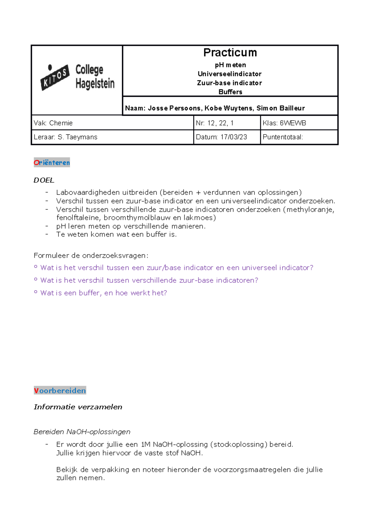 Chemie practicum - Practicum pH meten Universeelindicator Zuur-base ...