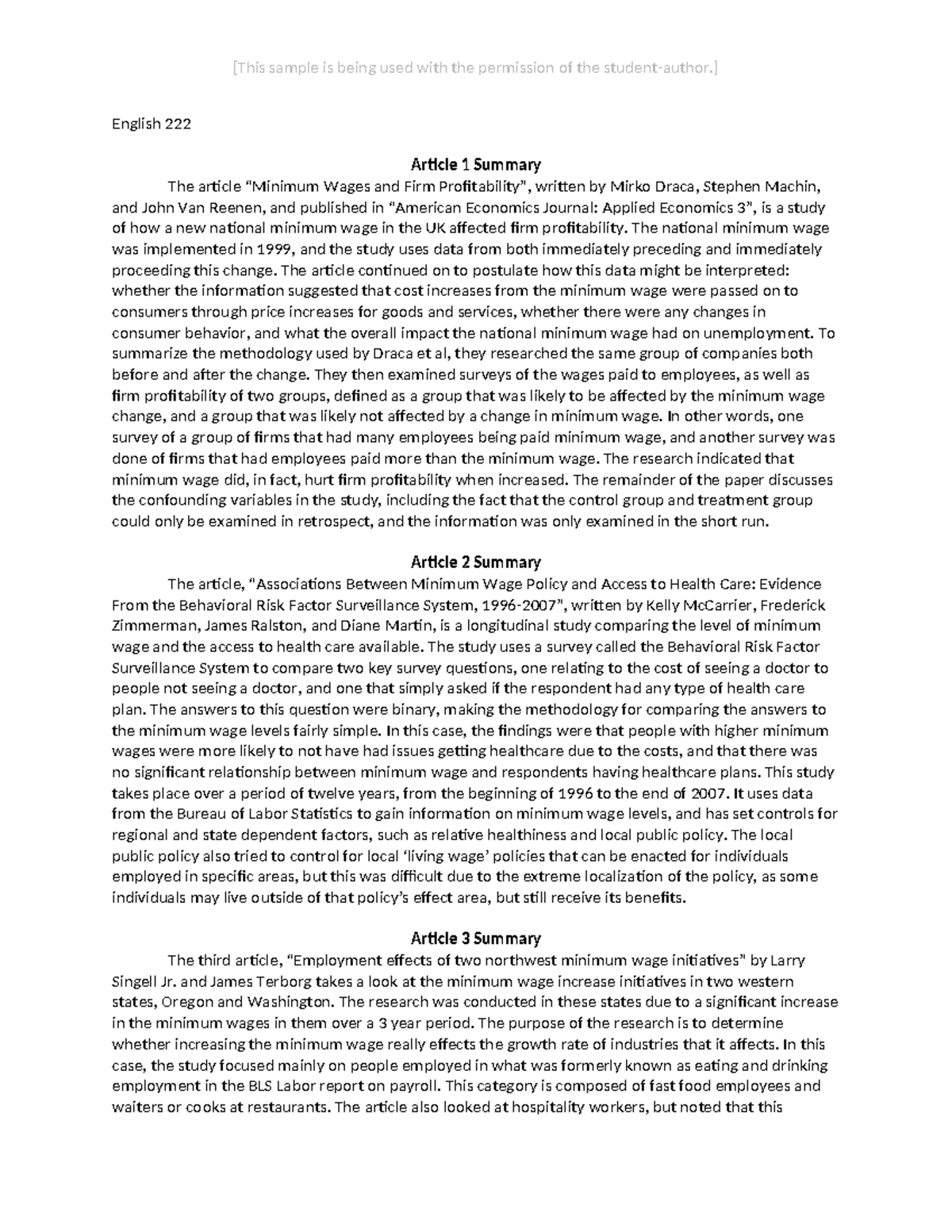 Student Sample Summary of Articles - [This sample is being used with ...