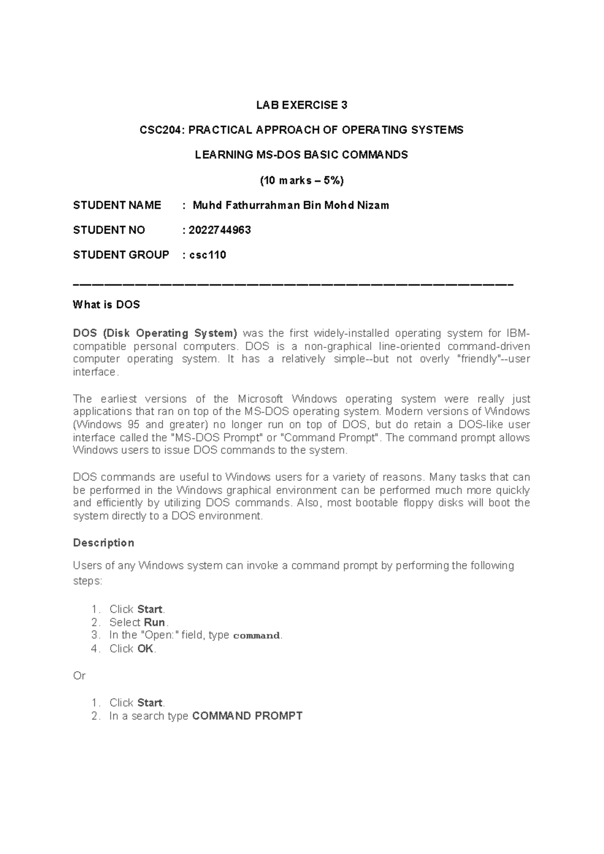 LAB Exercise 3 - Msdos Command Q (Muhd Fathurrahman) - LAB EXERCISE 3 CSC204: PRACTICAL APPROACH ...