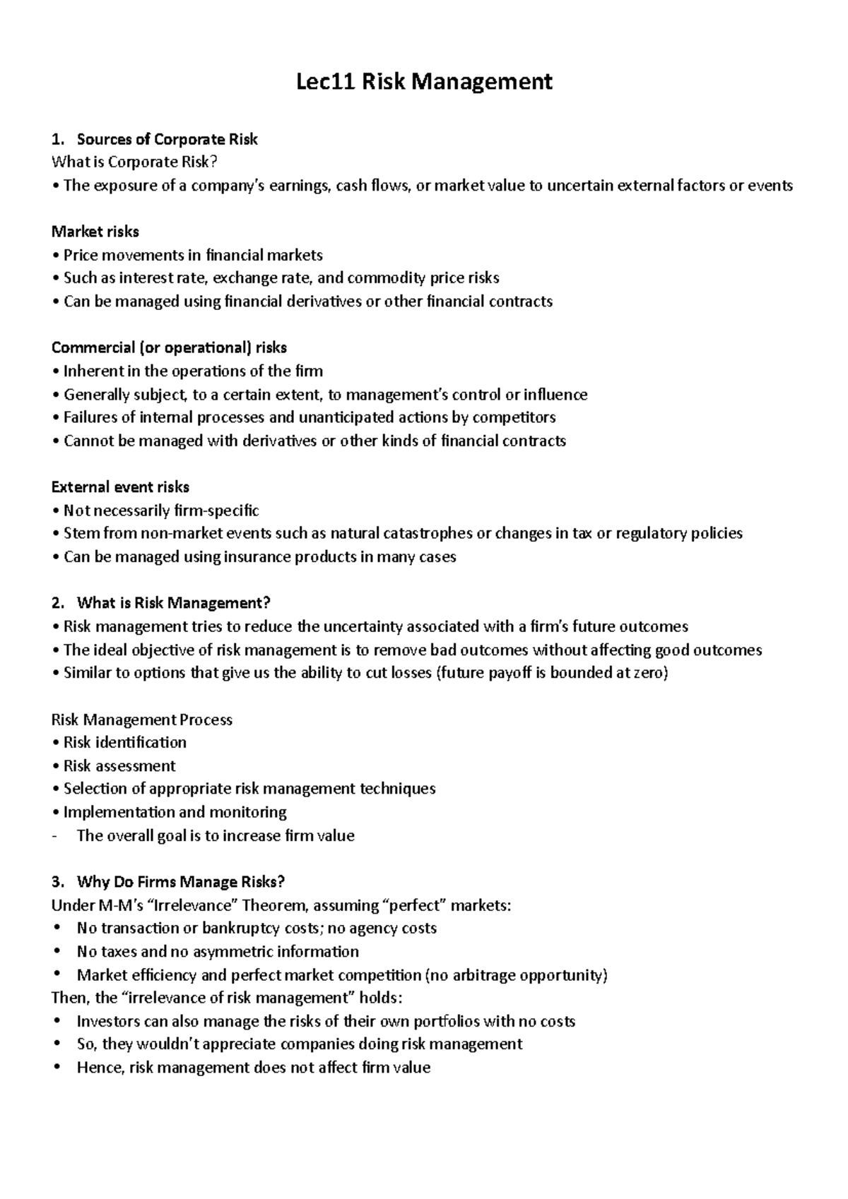 FNCE Lec11 Risk Management - Lec11 Risk Management Sources of Corporate ...