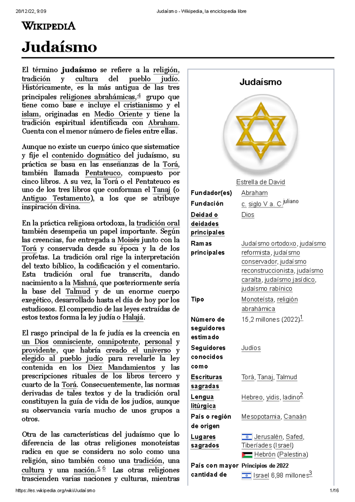 Judaísmo - Wikipedia, la enciclopedia libre - Judaísmo Estrella de David Fundador(es) Abraham ...