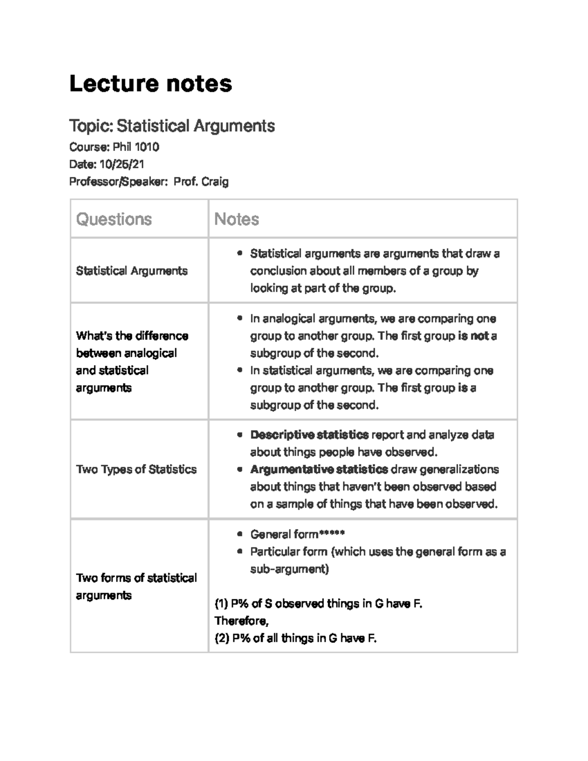 Statistical Arguments - Le c t u re n o te s Topic: Statistical Arguments Course: Phil 1010 Date ...
