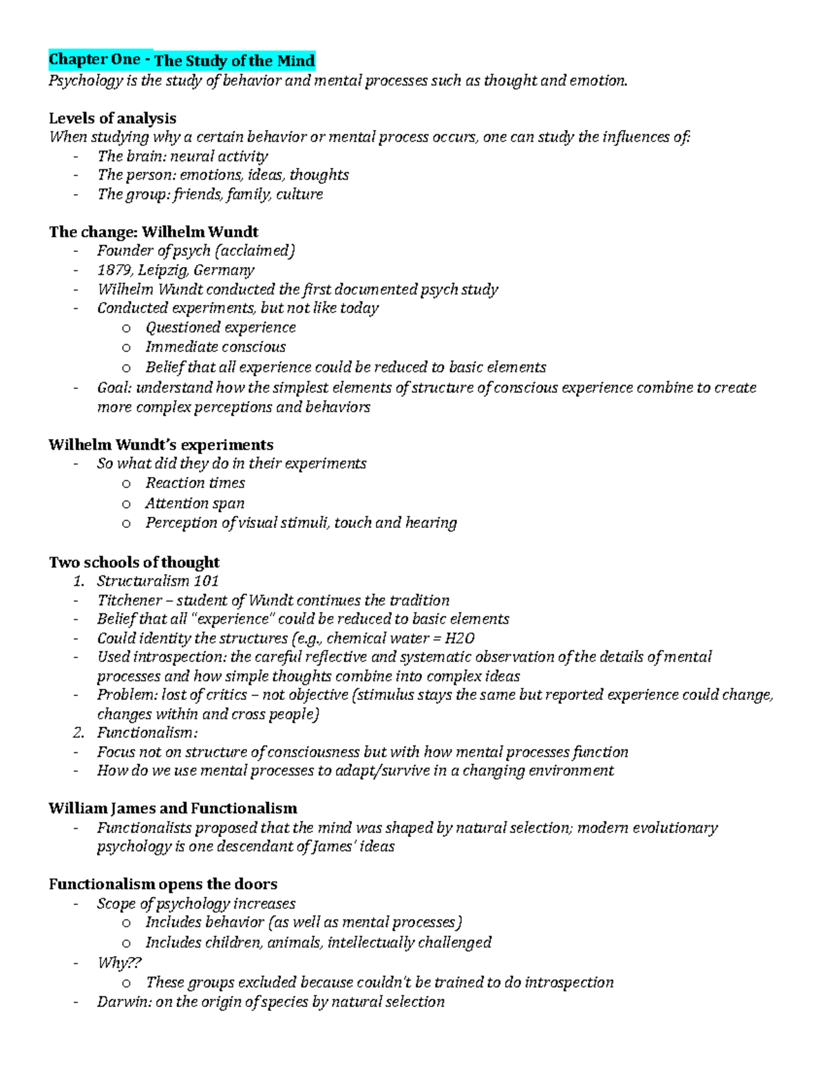 PS101 Exam - Lecture notes all - Chapter One - The Study of the Mind ...