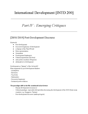 Internatioal devolpment quiz 4 - One of the main ideas propagated by ...