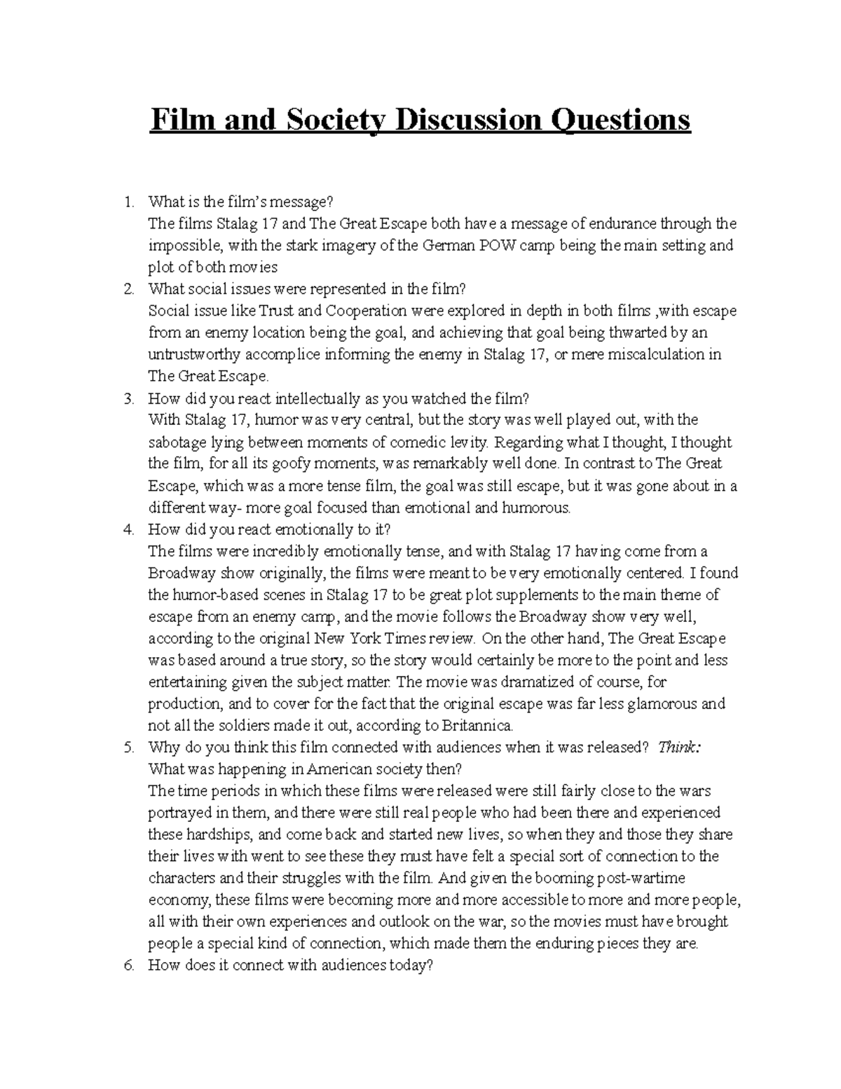 Film and Society Discussion Questions - 256 - Film and Society ...