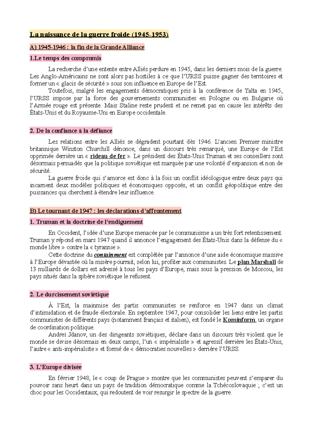 Histoire Guerre Froide - La naissance de la guerre froide (1945-1953) A) 1945-1946 : la fin de ...