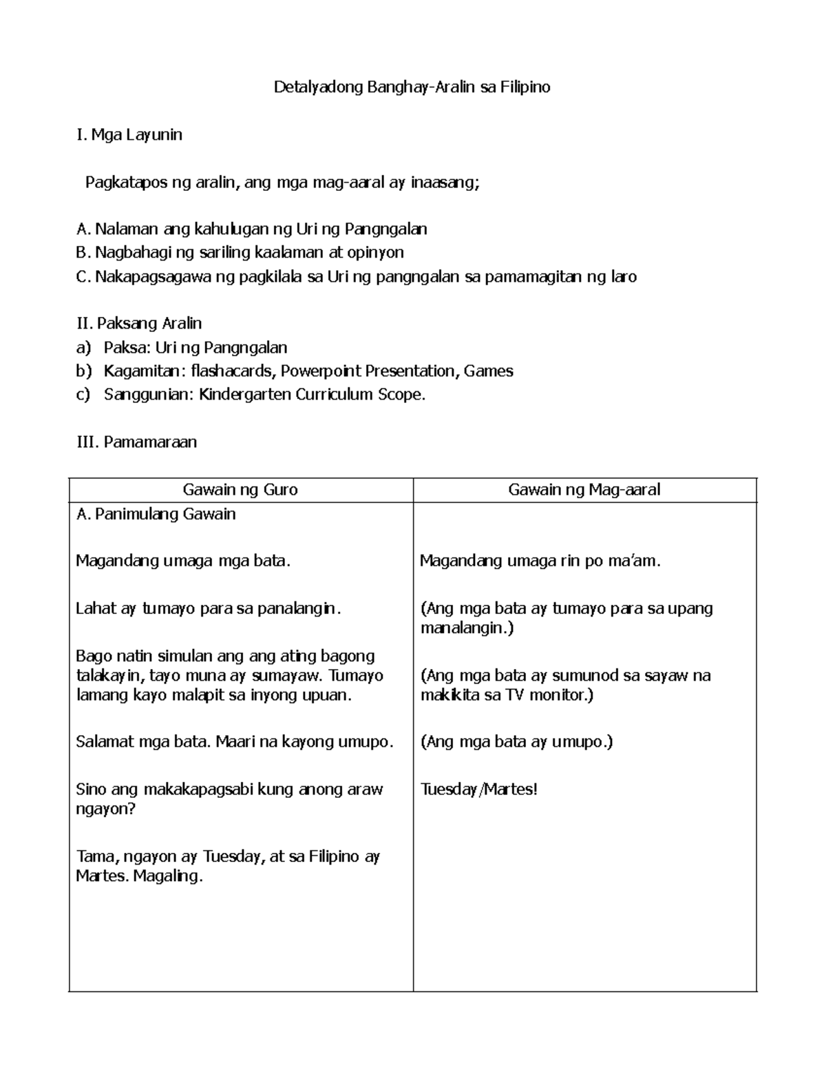 Lesson PLAN IN Filipino - Detalyadong Banghay-Aralin sa Filipino I. Mga ...