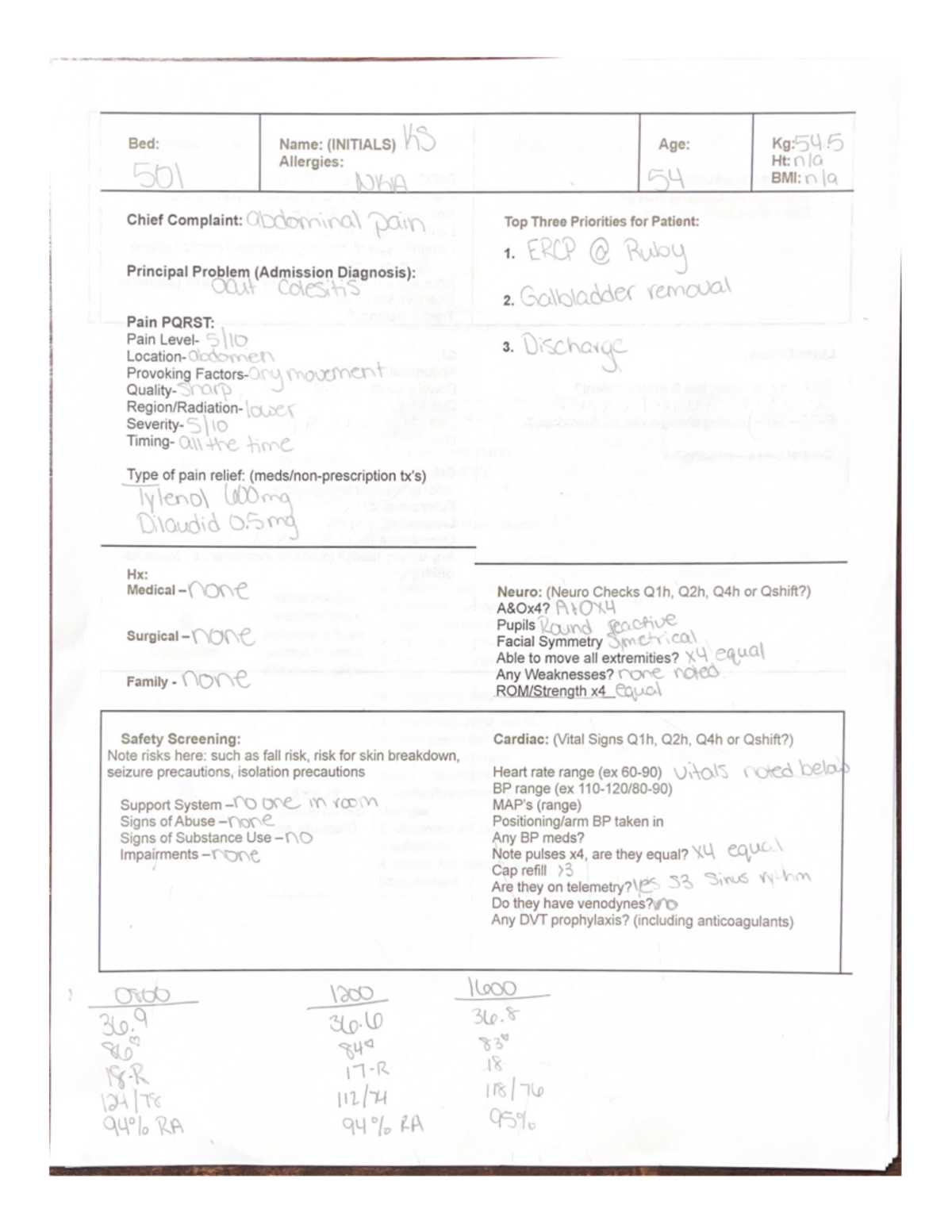 Ruby - Nursing - Bed: Name: (INITIALS) KS Age: Kg: 54 Allergies: Ht: 501 NKA 54 BMI: Chief - Studocu