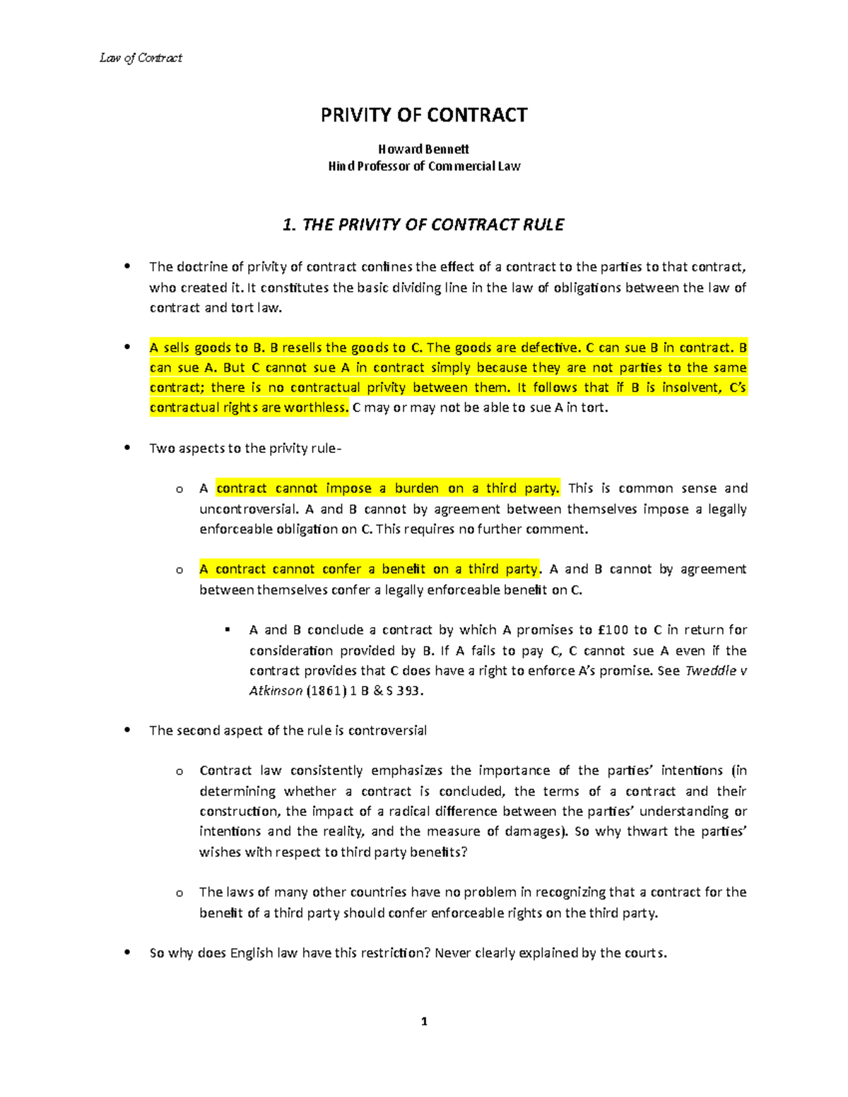 Privity 2019-2020 - PRIVITY OF CONTRACT Howard Bennet Hind Professor of ...