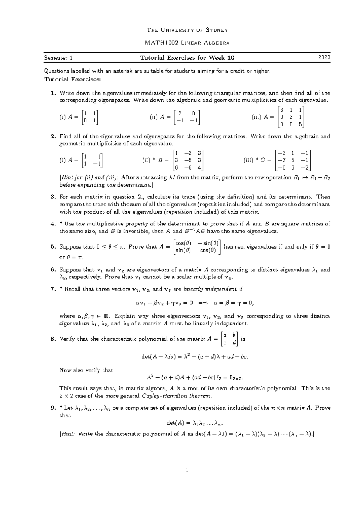 2023week10-tut - tutr 10 - The University of Sydney MATH1002 Linear Algebra Semester 1 Tutorial ...