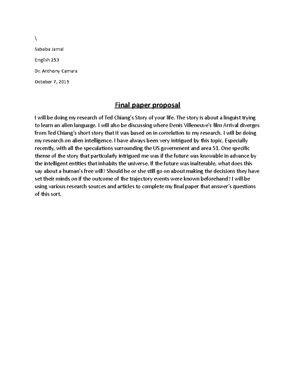 Final paper proposal - \ Sababa Jamal English 253 Dr. Anthony Camara ...