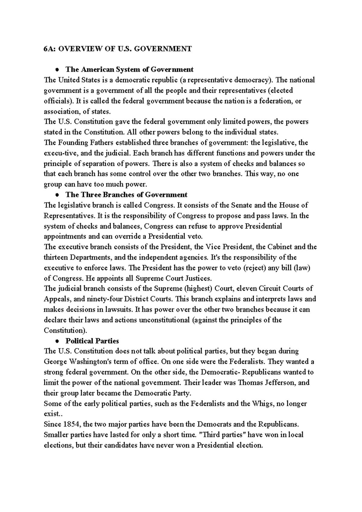 Topic 7 US Government and Citizenship - 6A: OVERVIEW OF U. GOVERNMENT ...