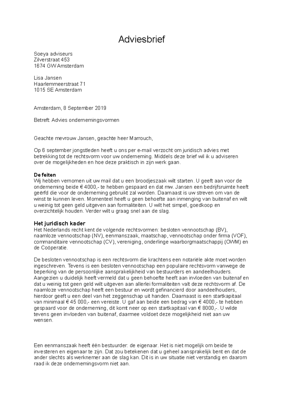 Adviesbrief Stefan - Adviesbrief Soeya adviseurs Zilverstraat 453 1674 ...