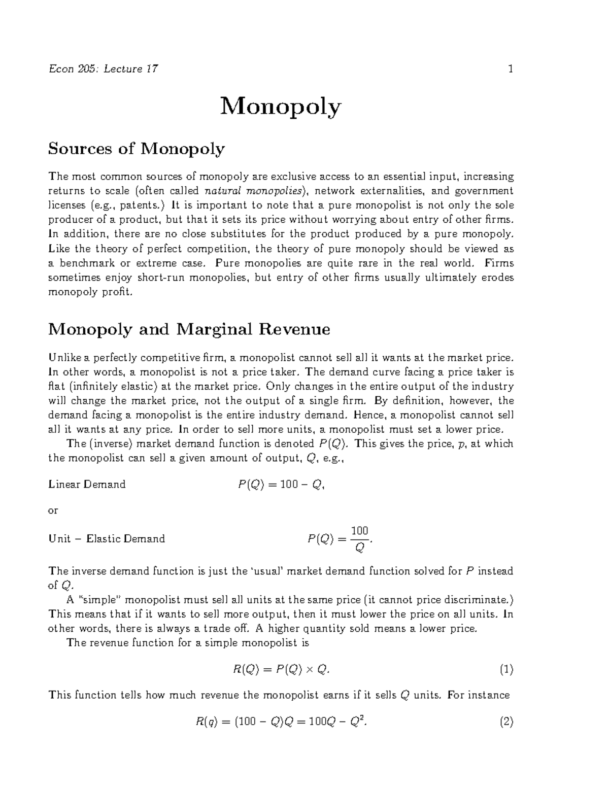 Lecture 17 Notes - Monopoly Sources of Monopoly The most common sources ...