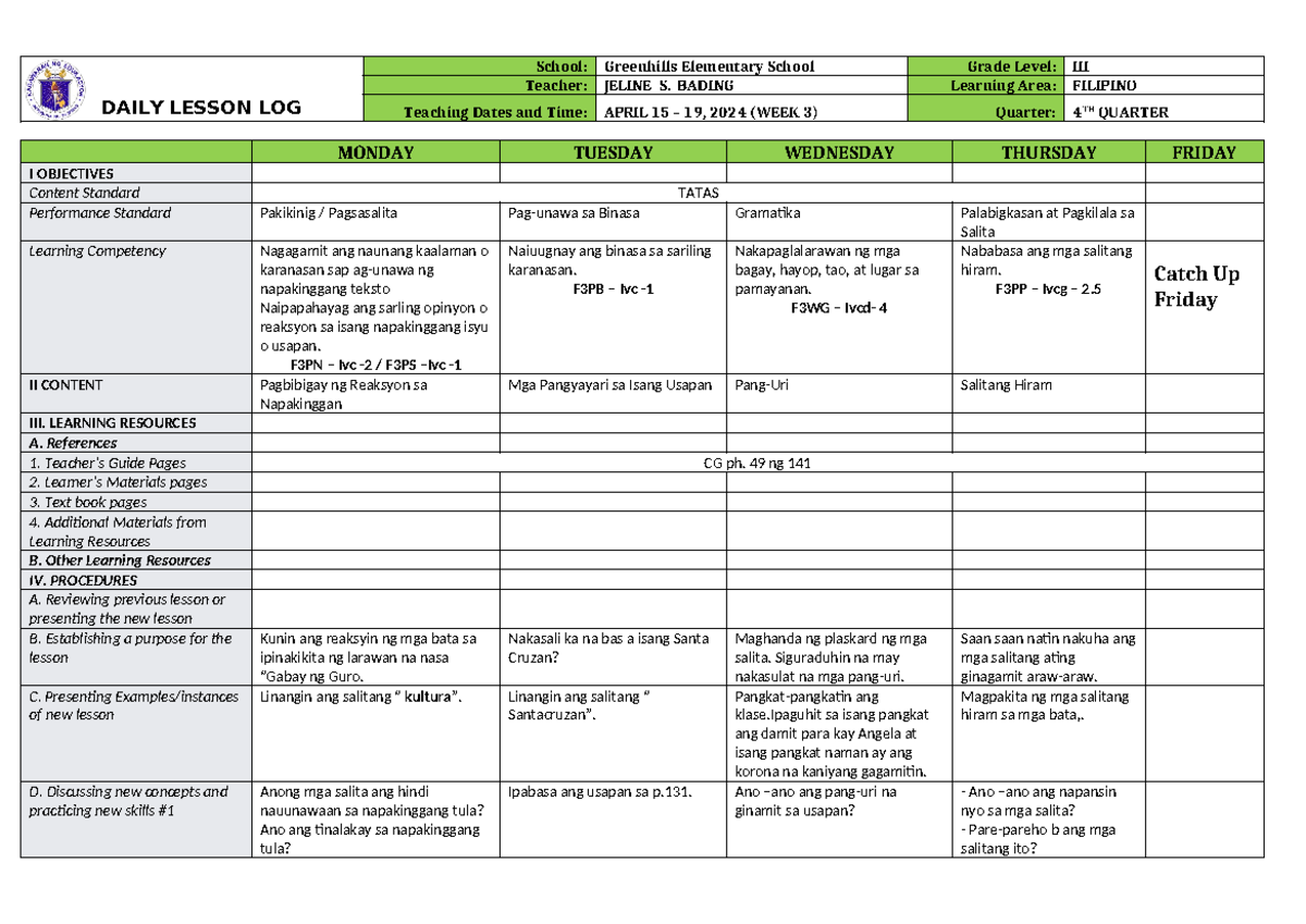 DLL Filipino 3 Q4 W3 - DAILY LESSON LOG School: Greenhills Elementary ...