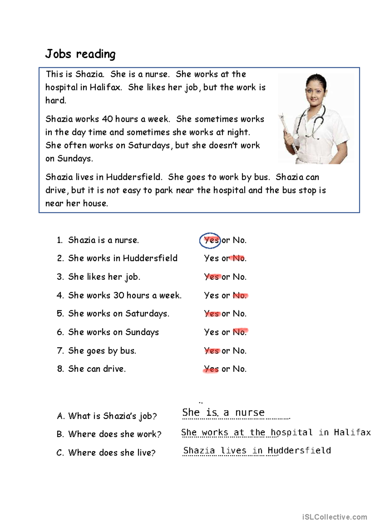 Reading Comprehension Abbout - Jobs reading This is Shazia. She is a ...