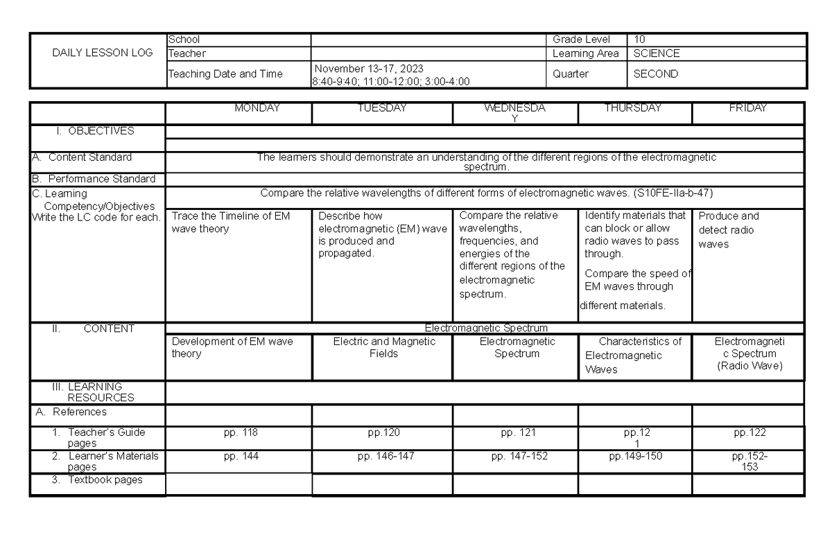 DLL Q2 W1 W2 - DLL - DAILY LESSON LOG School Grade Level 10 Teacher Learning Area SCIENCE ...