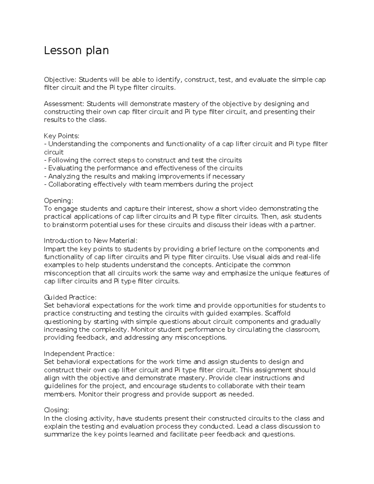 Lesson plan(Cap filter) - Lesson plan Objective: Students will be able ...