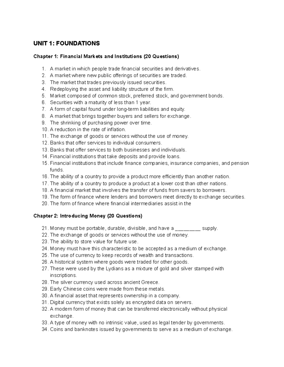 FINANCIAL MARKETS REVIEWER CHAPTERS 1-5 - UNIT 1: FOUNDATIONS Chapter 1 ...