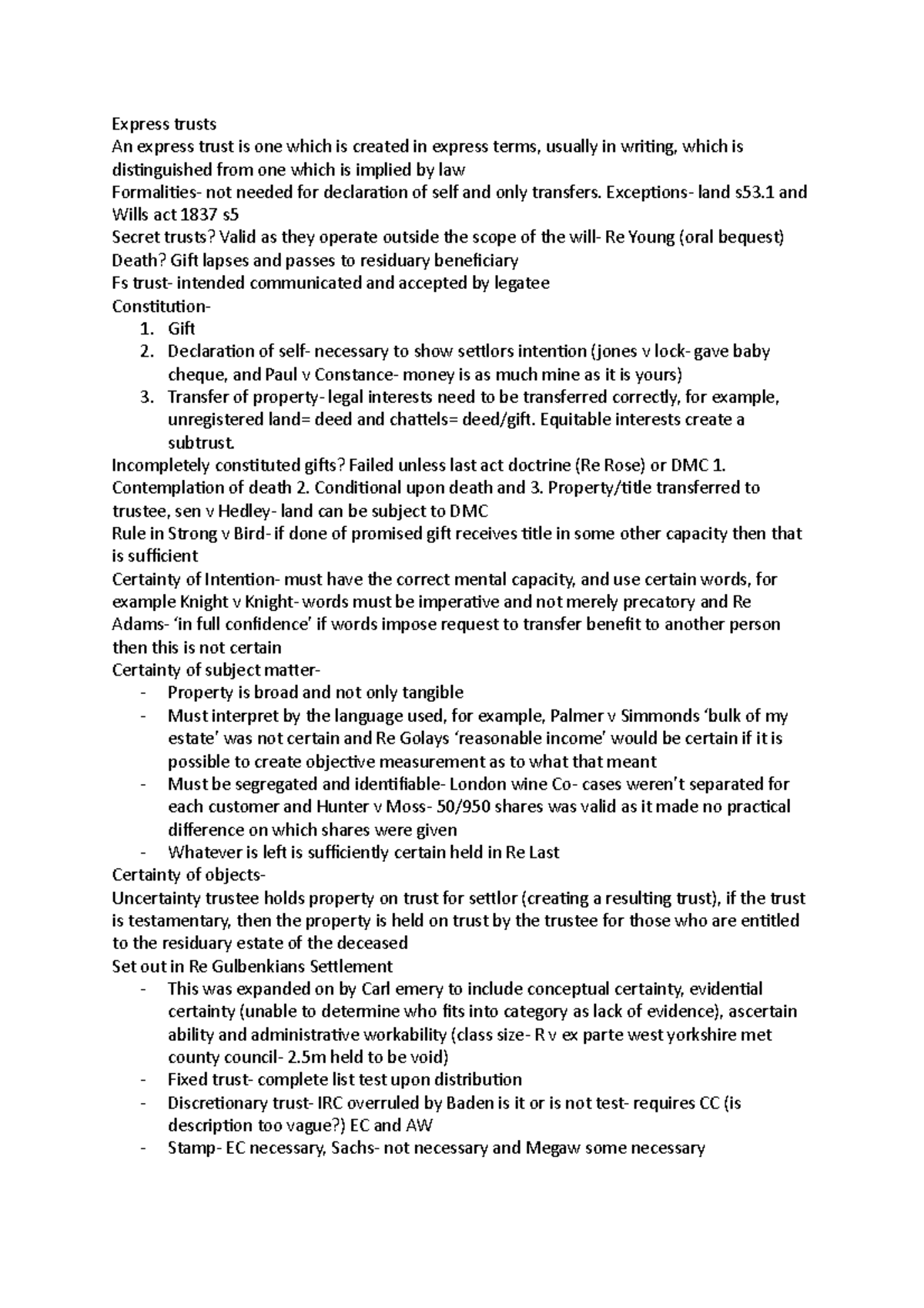 Final notes in Equity and Trusts - Express trusts An express trust is ...