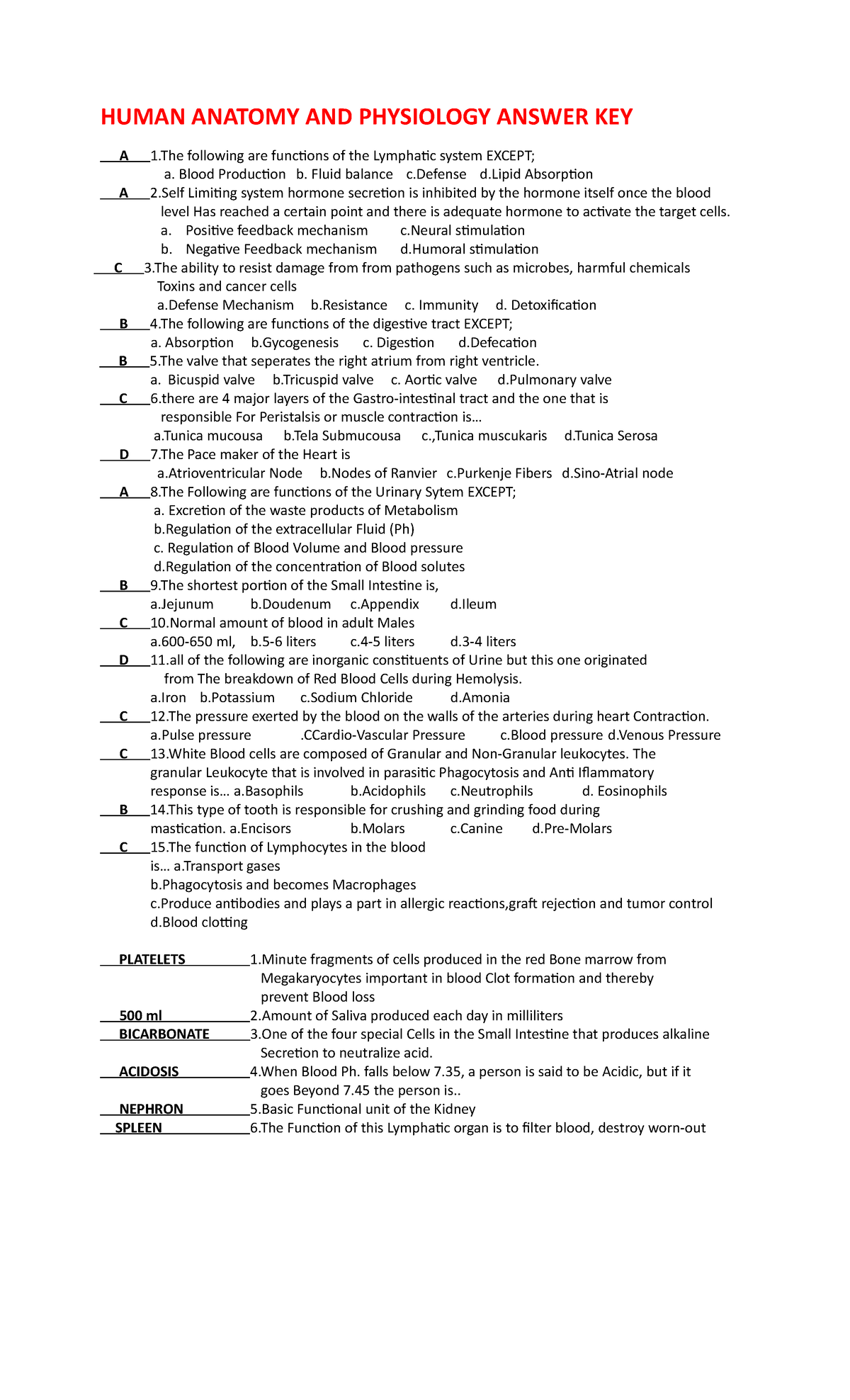 Human Anatomy and Physiology Answer Key - HUMAN ANATOMY AND PHYSIOLOGY ...