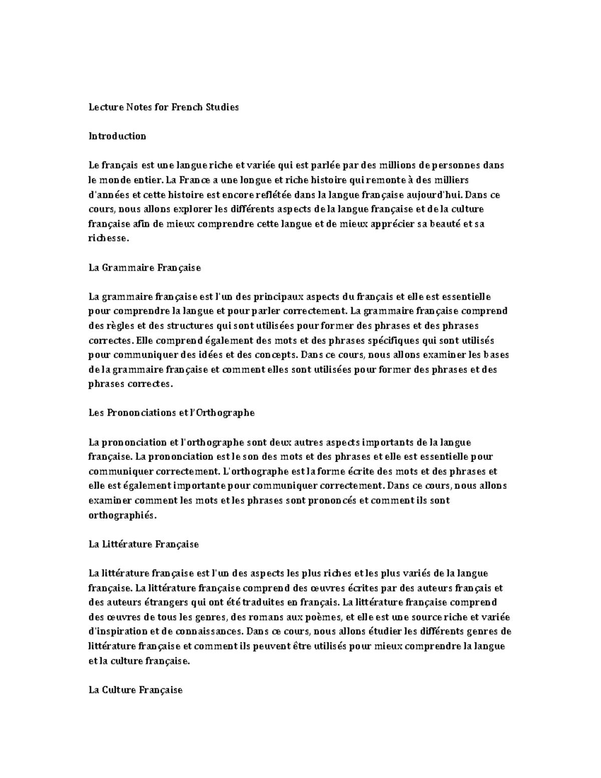 French Studies - Lecture Notes for French Studies Introduction Le ...