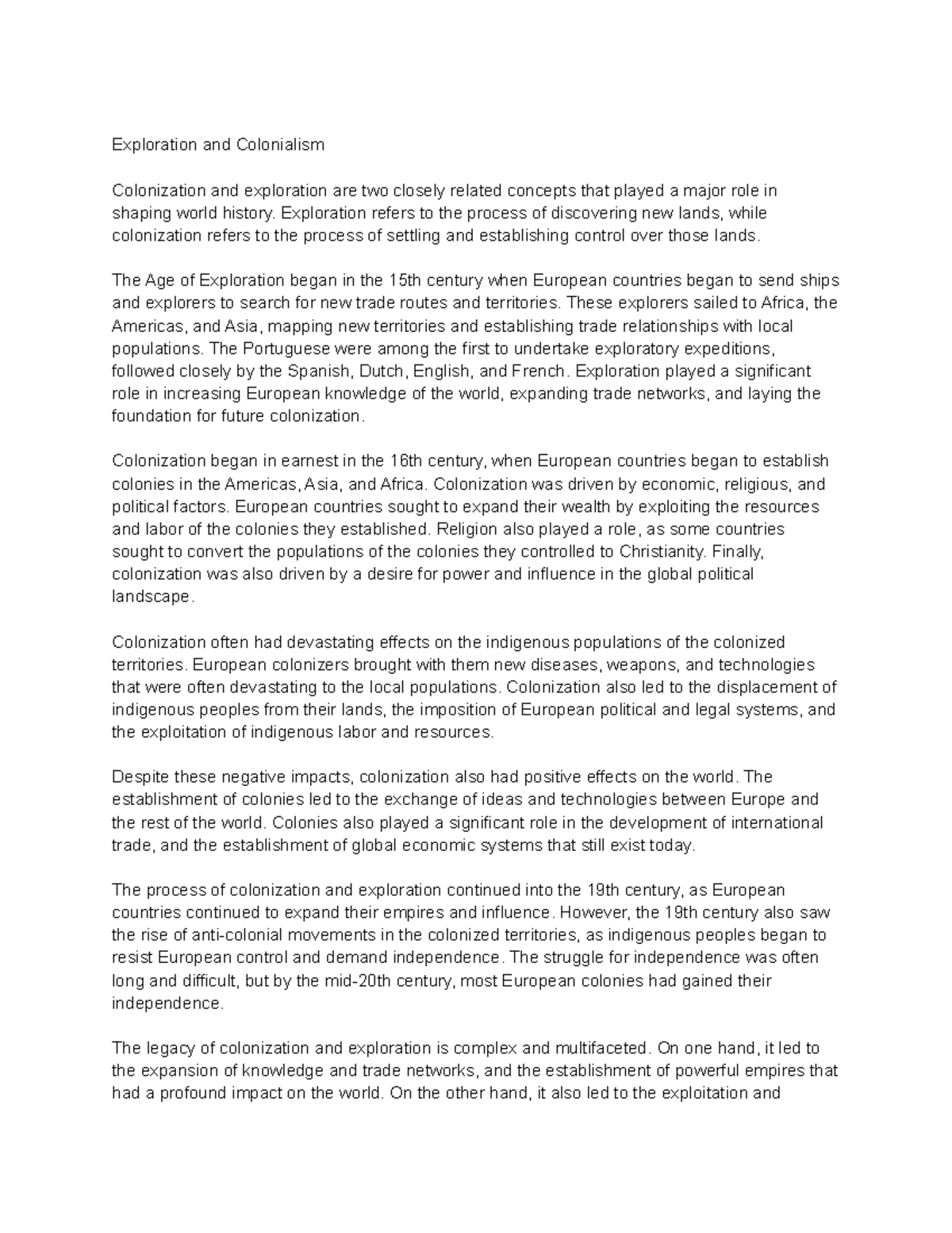 Exploration and Colonialism Summary - Exploration and Colonialism ...