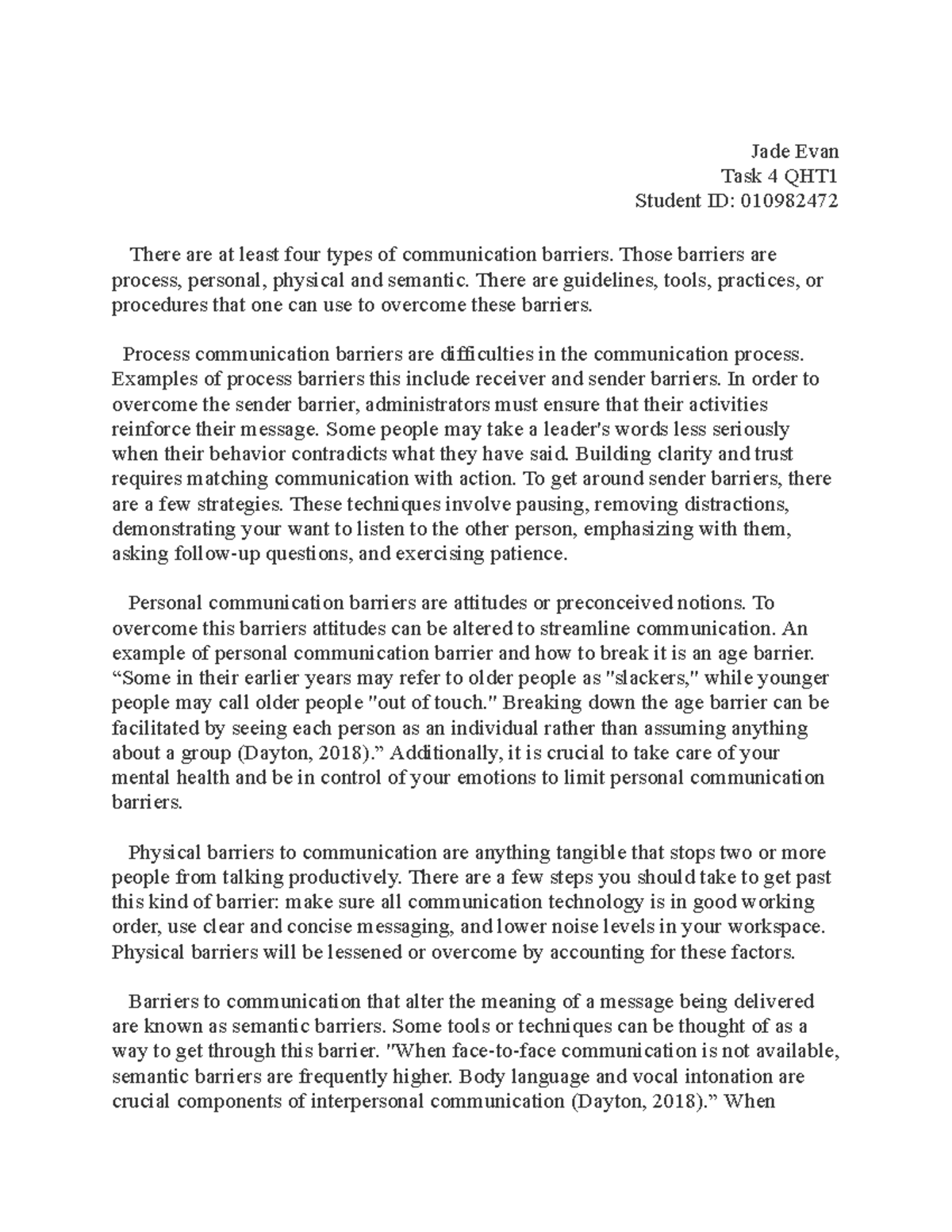 Task 4 QHT1 Jade E - Jade Evan Task 4 QHT Student ID: 010982472 There ...