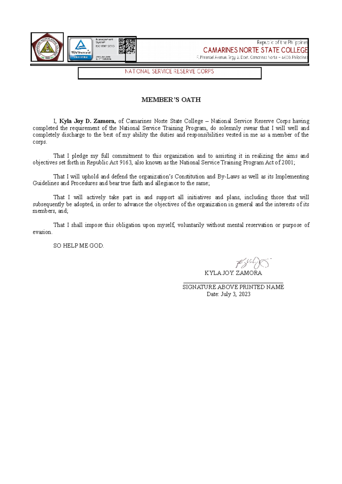 Inbound 240247065336589353 - MEMBER’S OATH I, Kyla Joy D. Zamora, of ...
