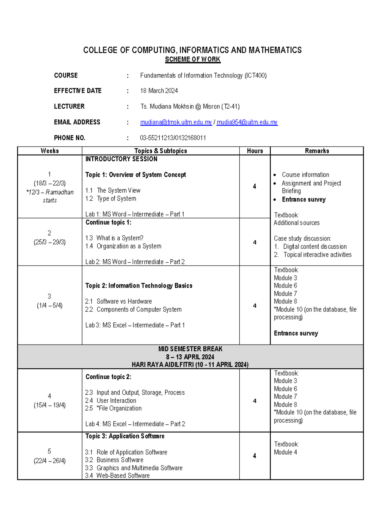 SOW ICT400 FT MAC2024 - COLLEGE OF COMPUTING, INFORMATICS AND MATHEMATICS SCHEME OF WORK COURSE ...