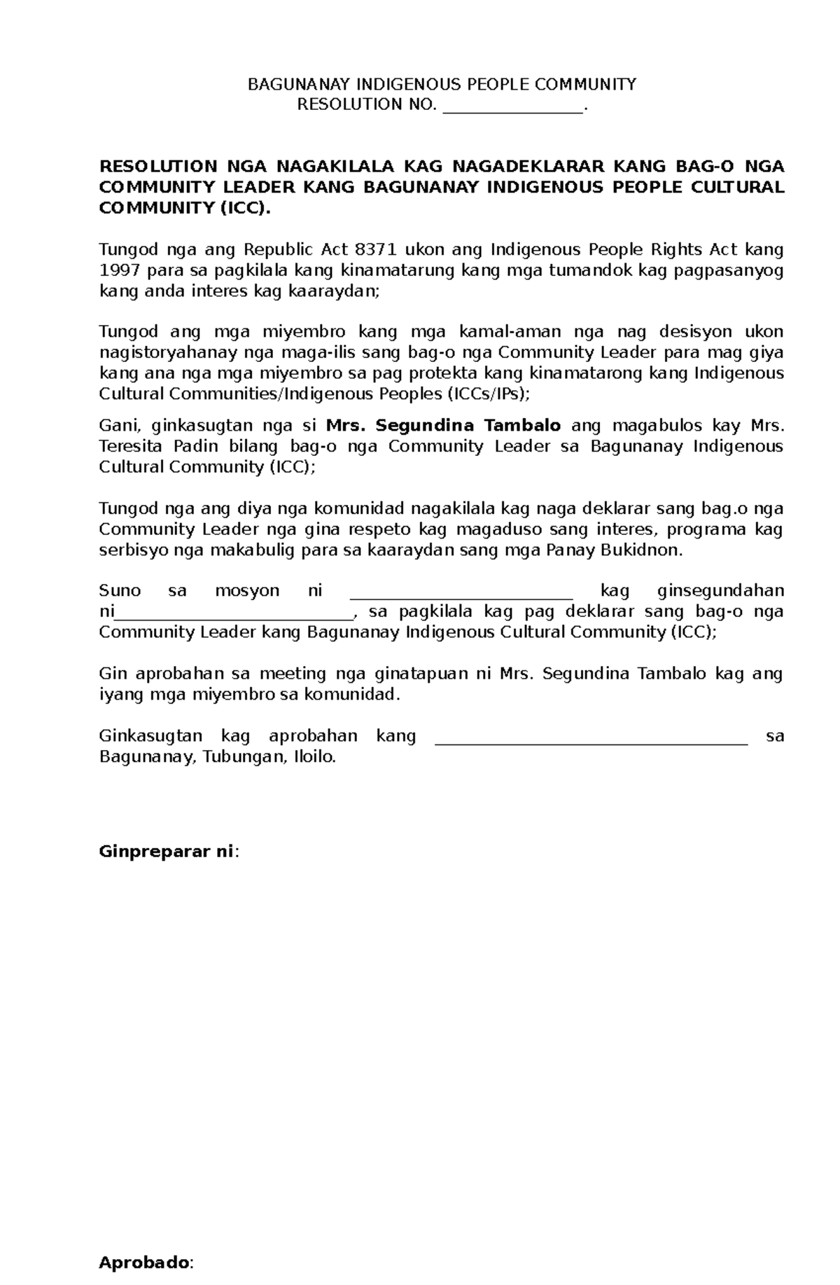 Resolution Community Leader Bagunanay - BAGUNANAY INDIGENOUS PEOPLE ...