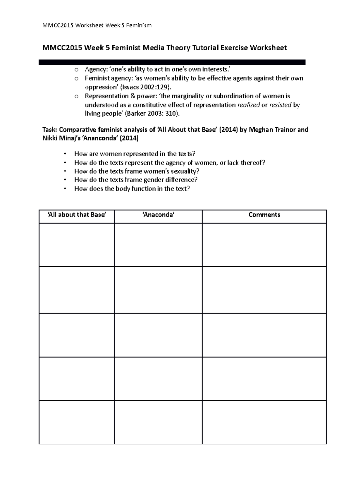 MMCC2015 Feminism tutorial worksheet 2021 - MMCC2015 Worksheet Week 5 ...