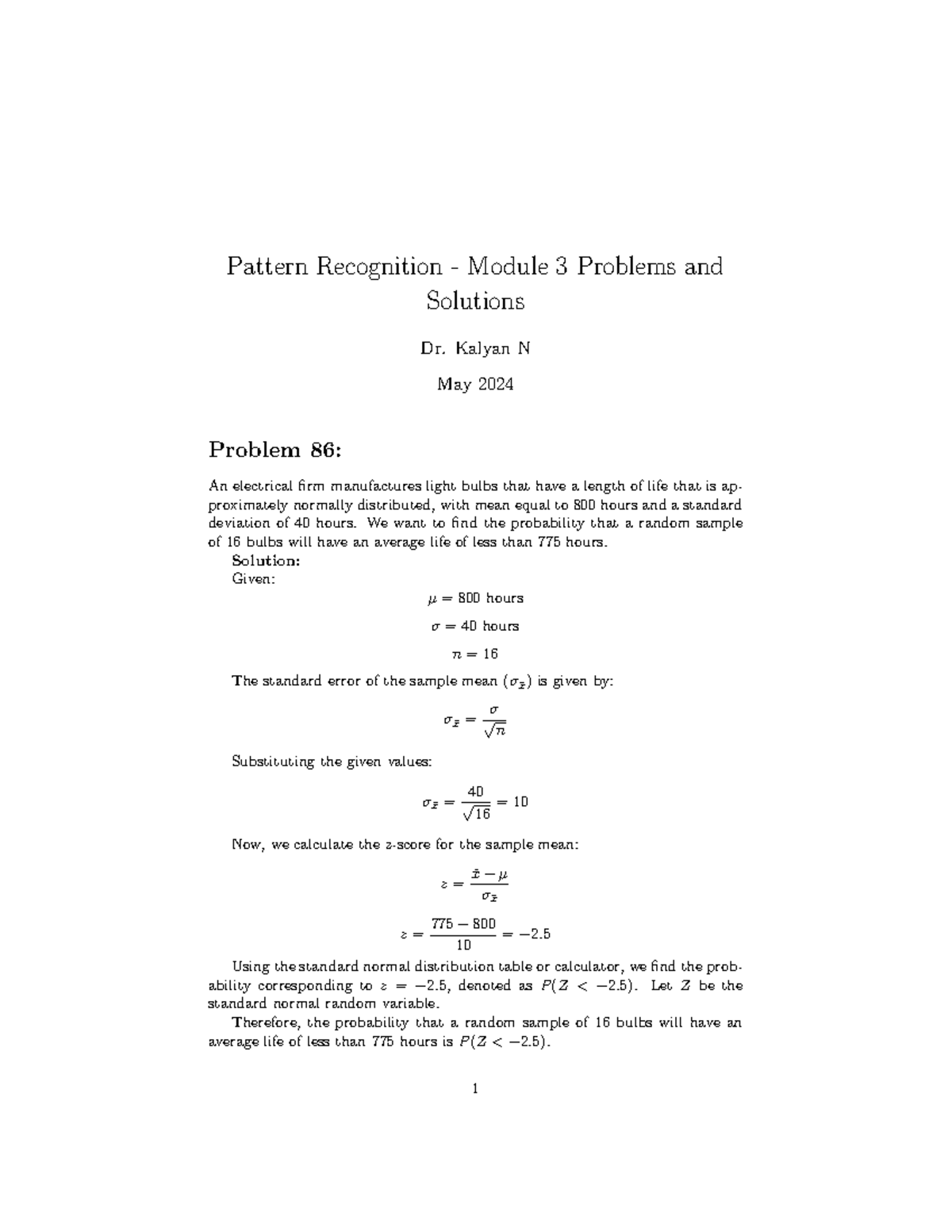 Module 3 Problems - pattern - Pattern Recognition - Module 3 Problems and Solutions Dr. Kalyan N ...