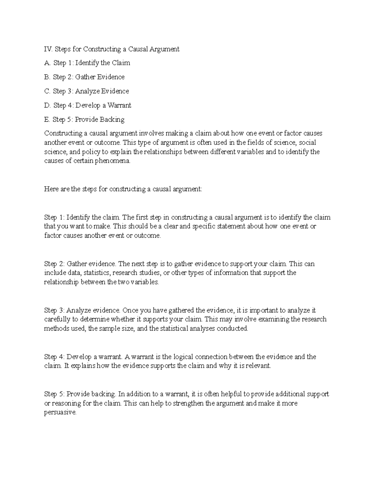 Casual argument 4 - IV. Steps for Constructing a Causal Argument A ...