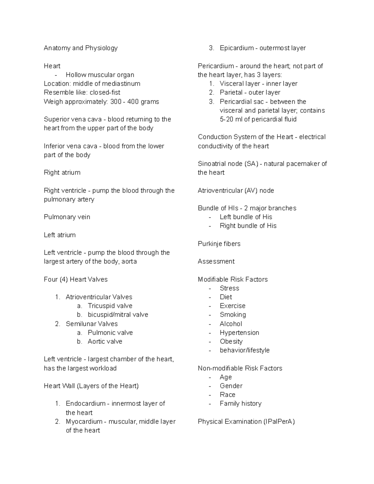Cardio - Anatomy and Physiology Heart - Hollow muscular organ Location ...