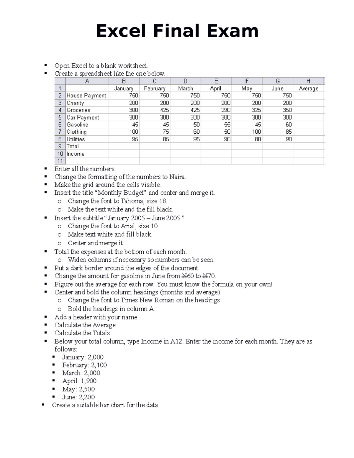 Excel Final Exam - Practical - Excel Final Exam Open Excel to a blank worksheet. Create a - Studocu