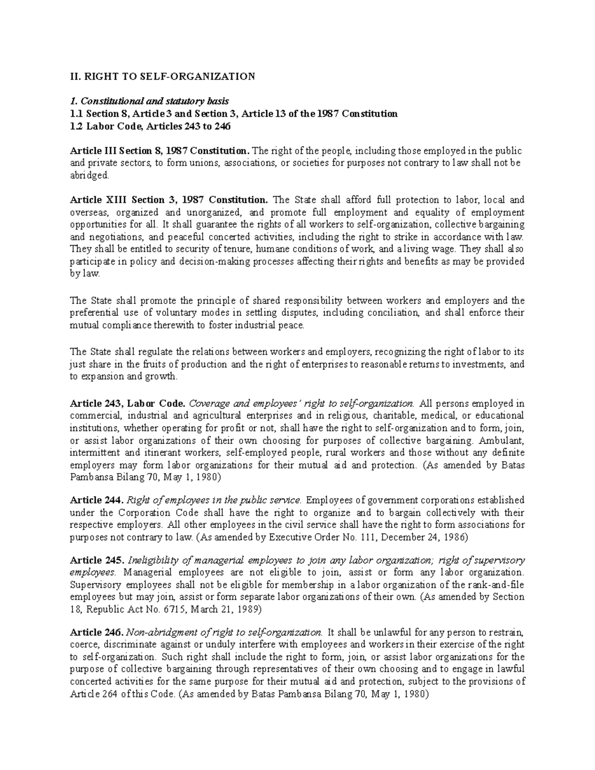 labor relations - II. RIGHT TO SELF-ORGANIZATION 1. Constitutional and ...