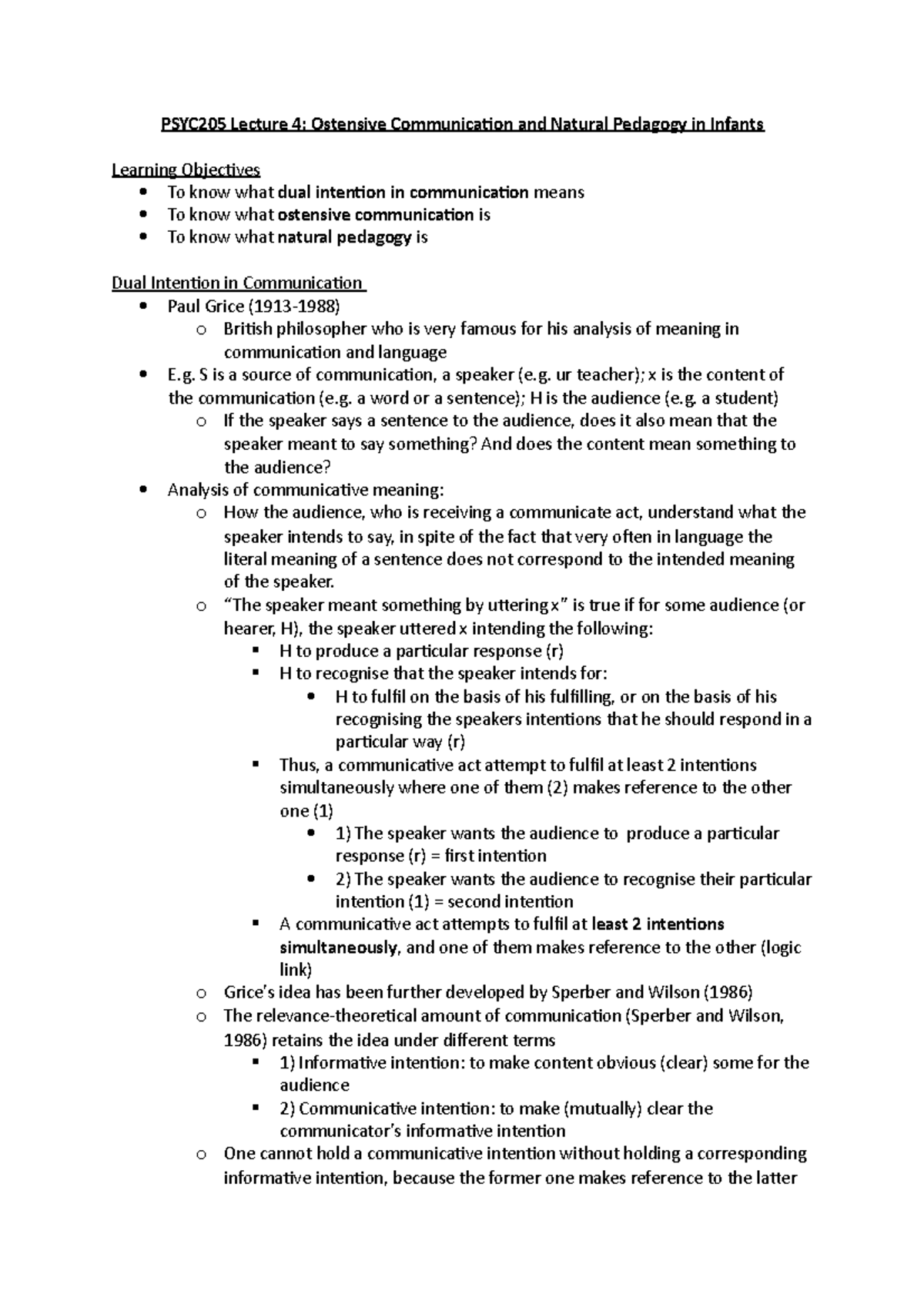 PSYC205 Lecture 4 (Notes) - PSYC205 Lecture 4: Ostensive Communication ...