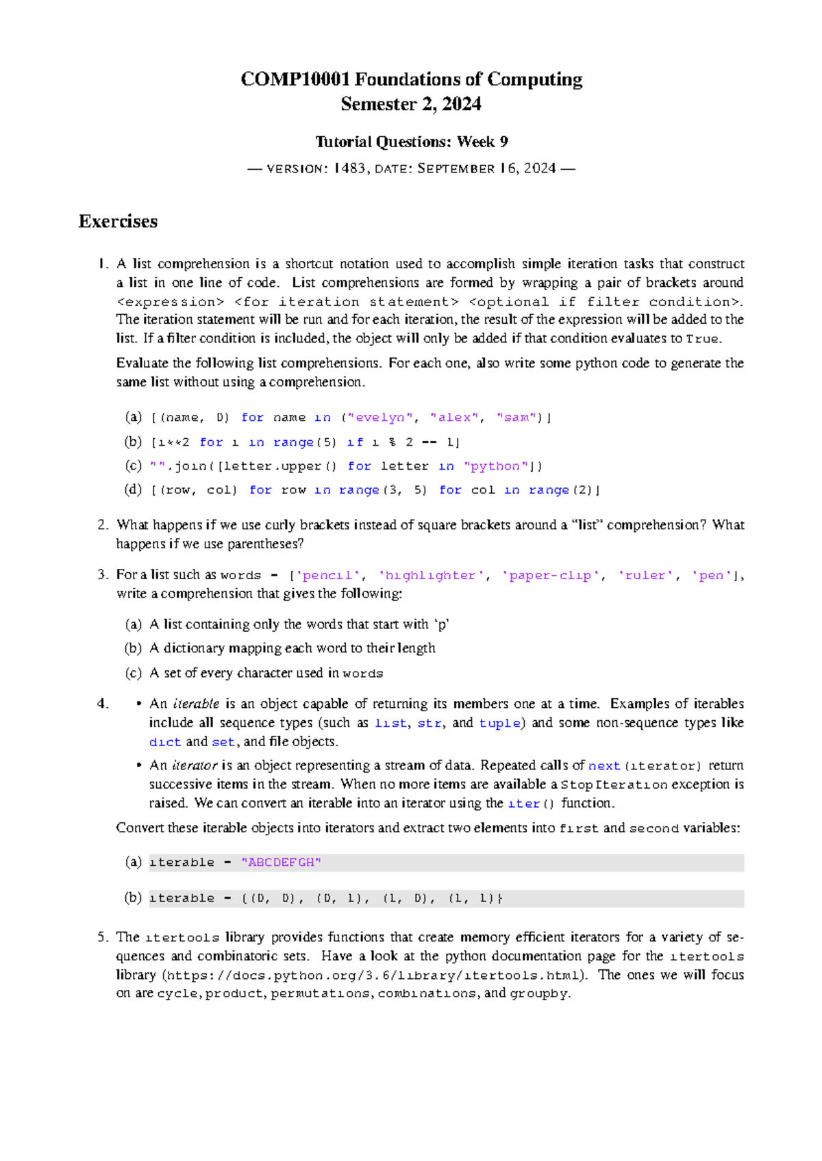 Tutesheet-week9 - tute - COMP10001 Foundations of Computing Semester 2 ...