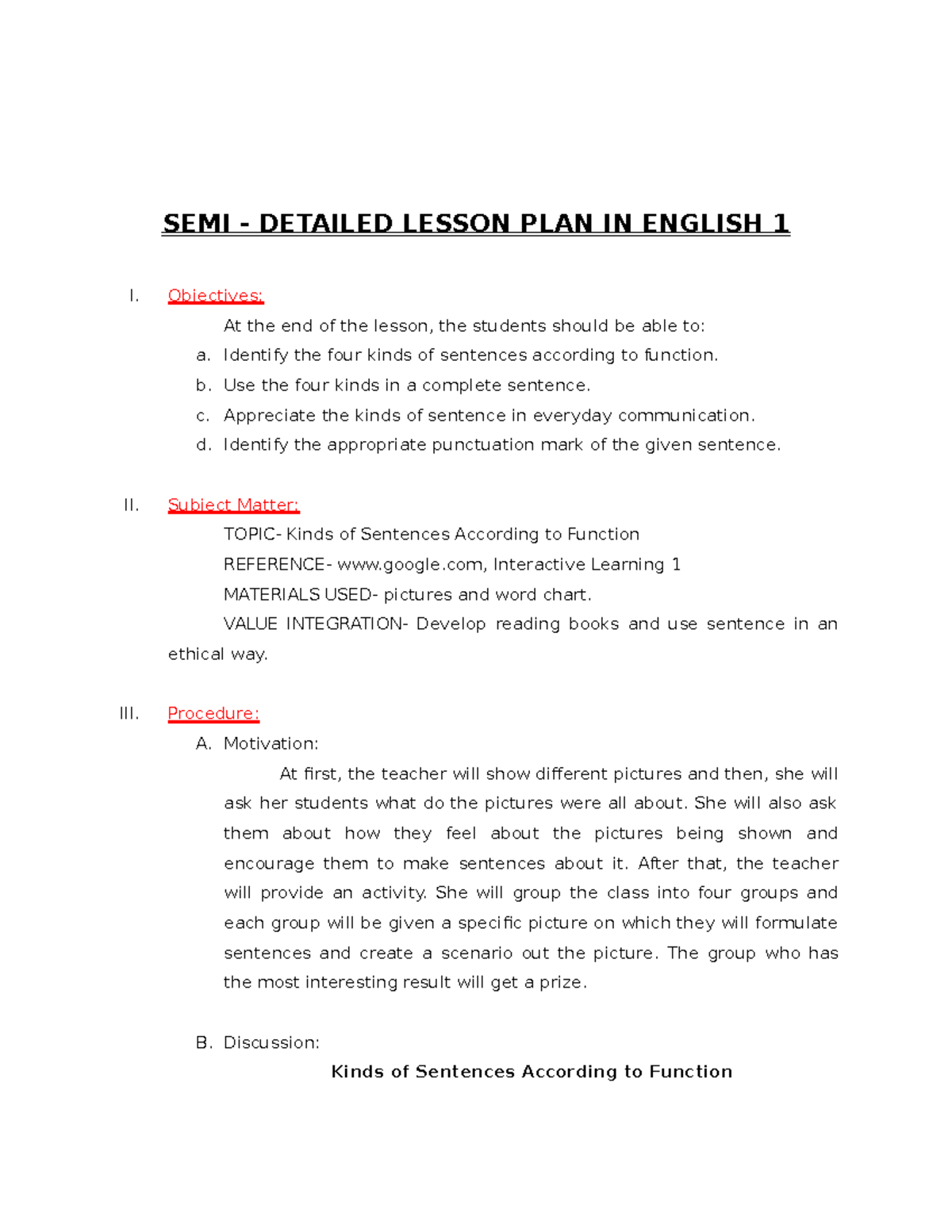 SEMI Detailed Lesson PLAN IN English 1 - SEMI - DETAILED LESSON PLAN IN ...