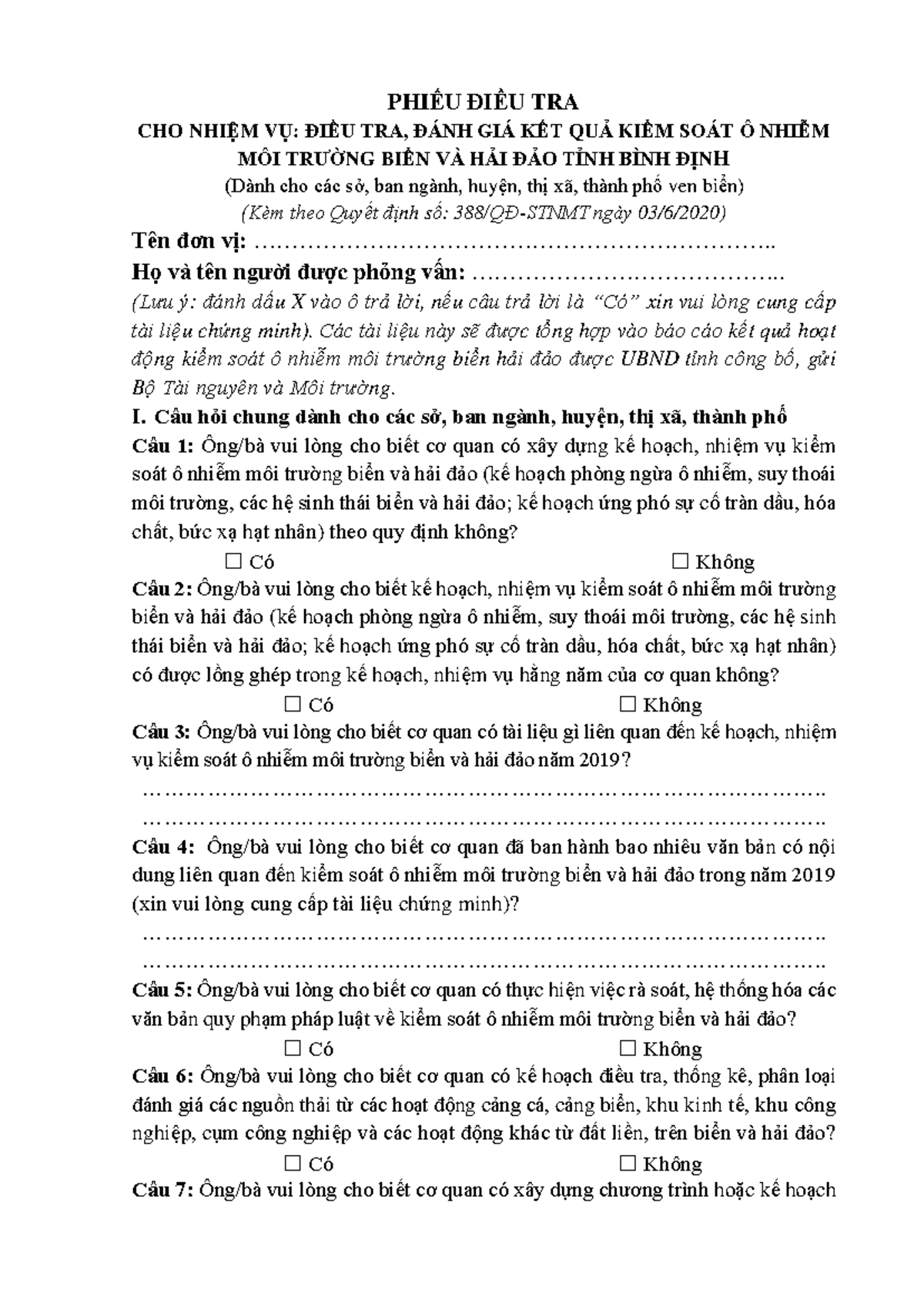 Mau Phieu Dieu Tra Phu Luc I - PHIẾU ĐIỀU TRA CHO NHIỆM VỤ: ĐIỀU TRA ...