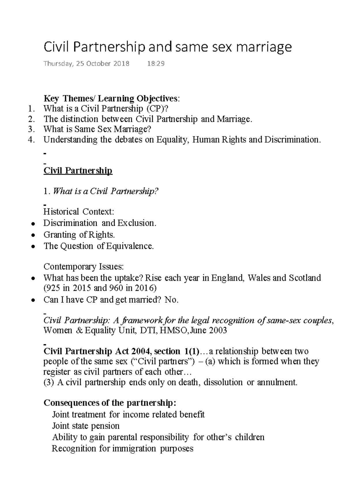 Family law lecture 3 Civil Partnership and same sex marriage - Key ...